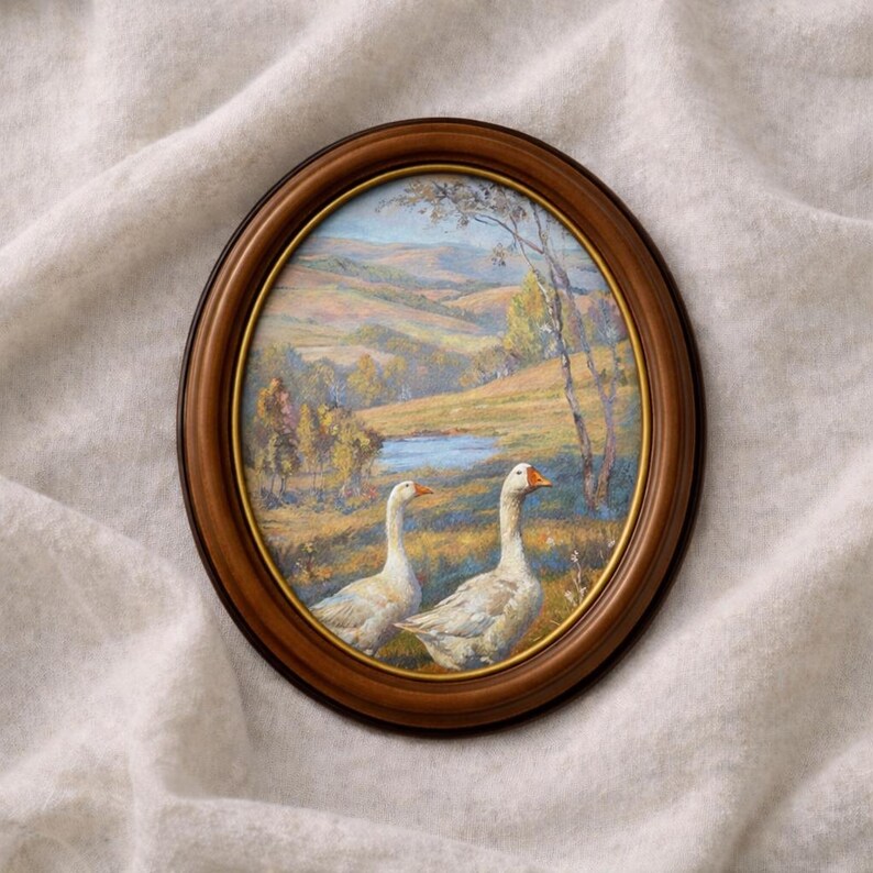 Vintage Moody Duck Landscape Print, Rustic Farmhouse Pasture Painting ...