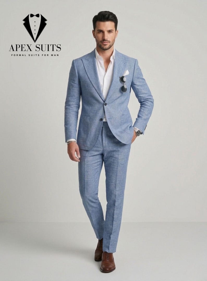 Men Linen Suit Sky Blue 2 Piece | Formal Summer Wedding Groom Dinner ...