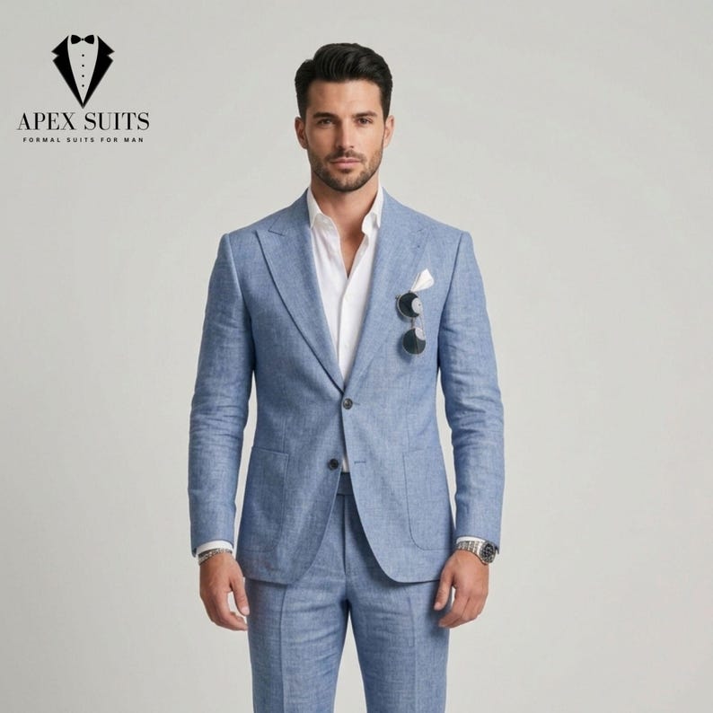 Men Linen Suit Sky Blue 2 Piece | Formal Summer Wedding Groom Dinner ...