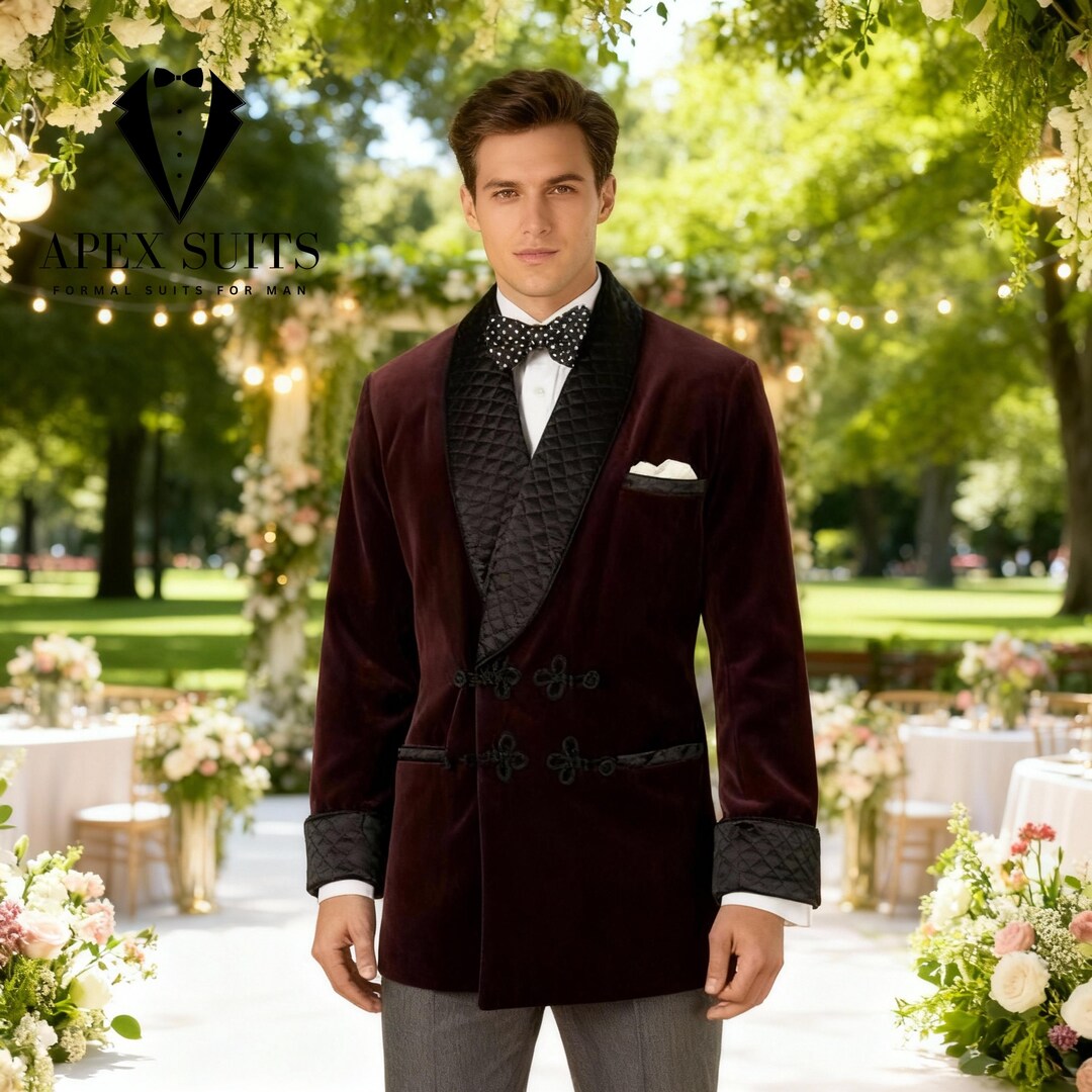 Men Smoking Jacket Brown Velvet Frogging Button Dinner Handmade Jacket ...
