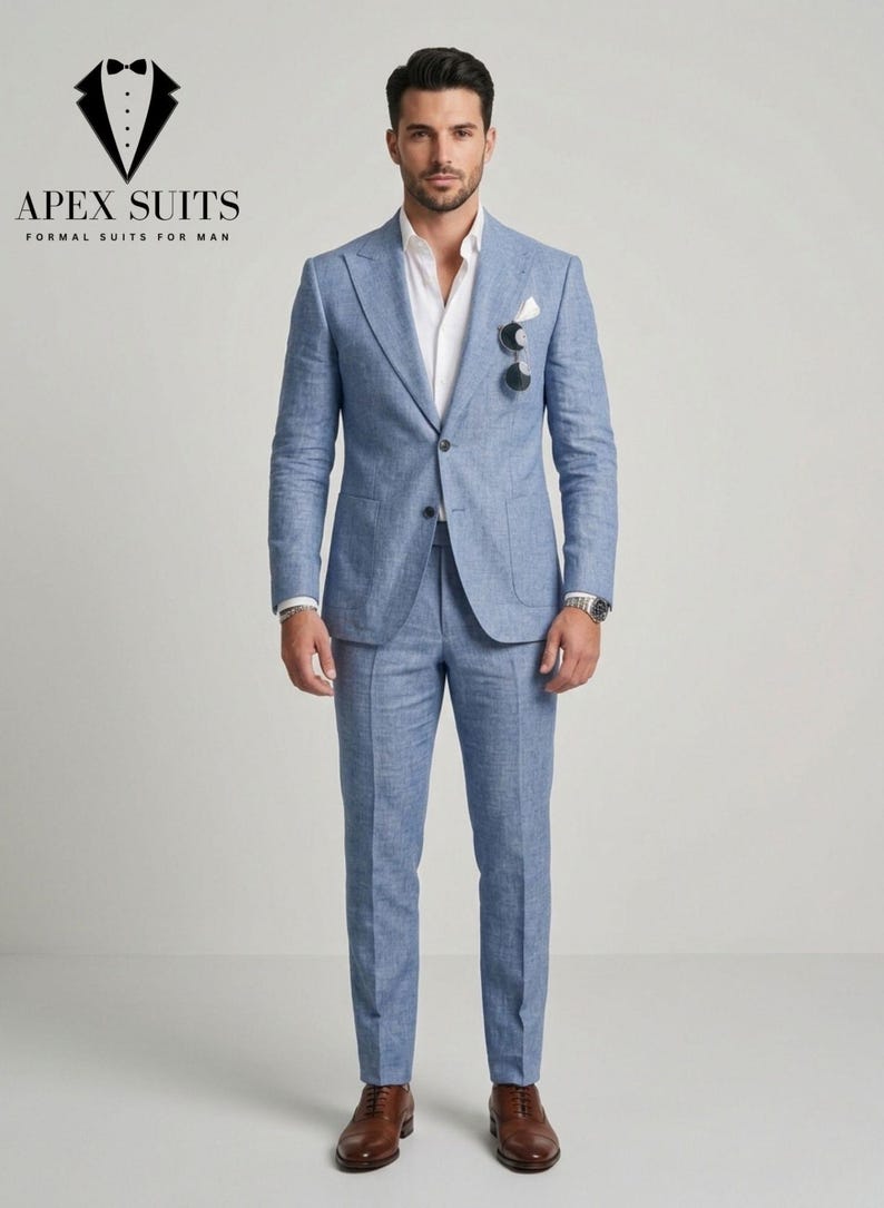 Men Linen Suit Sky Blue 2 Piece | Formal Summer Wedding Groom Dinner ...