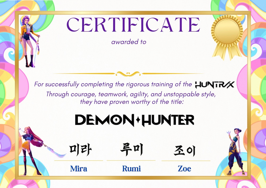 K-pop Demon Hunter Certificate | Personalized Digital Download | K-pop ...