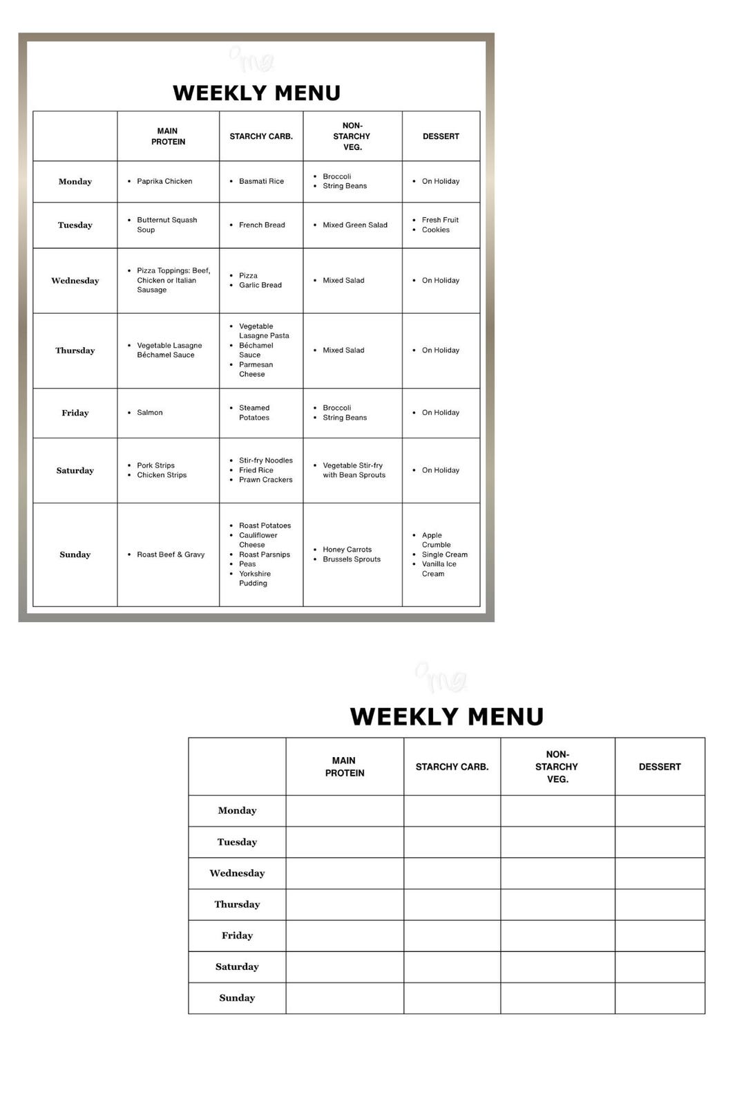 Weekly Menu Meal Planner With & Without Shopping List - Printable - Etsy