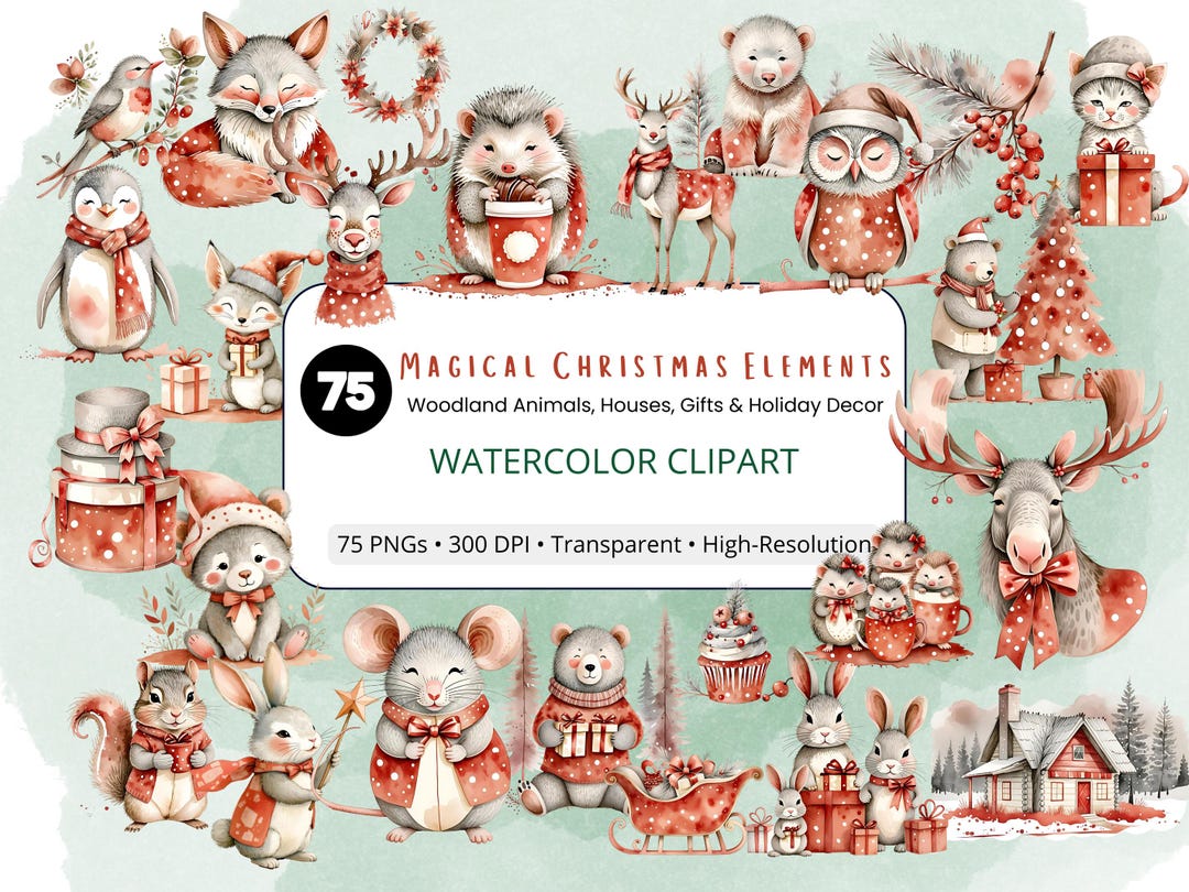 Christmas Woodland Animals Clipart, Watercolor Forest Animals PNG, Cute ...
