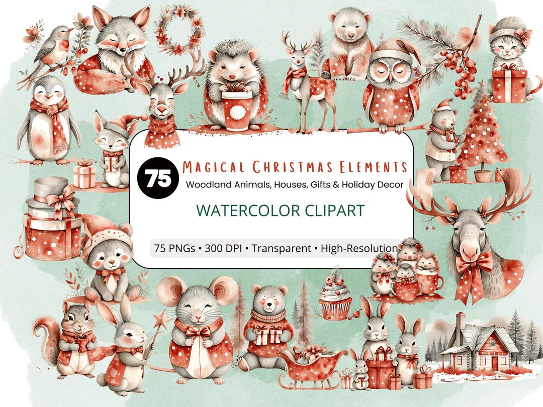 Watercolor Christmas Animals Clipart, Holiday PNG Bundle (digital ...