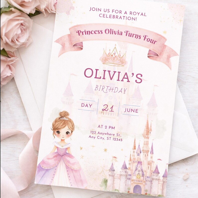 Princess Birthday Invitation Girl Editable Canva Template | Pink Castle ...