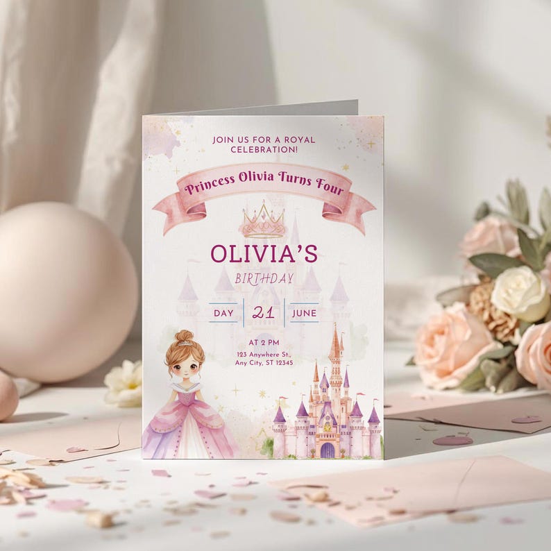 Princess Birthday Invitation Girl Editable Canva Template | Pink Castle ...
