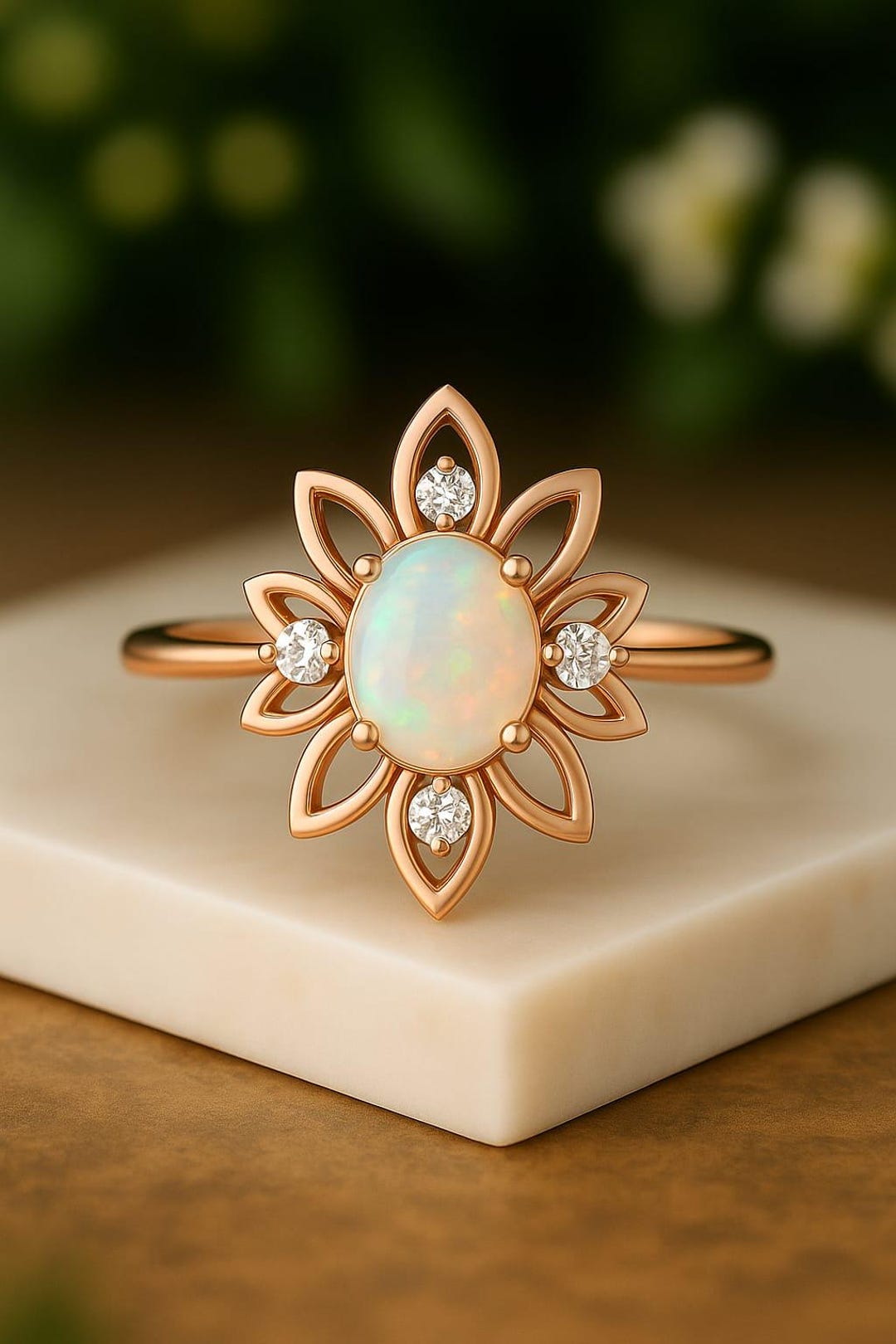 Opal Flower Ring • Rose Gold, Diamond Accent • Vintage Inspired - Etsy