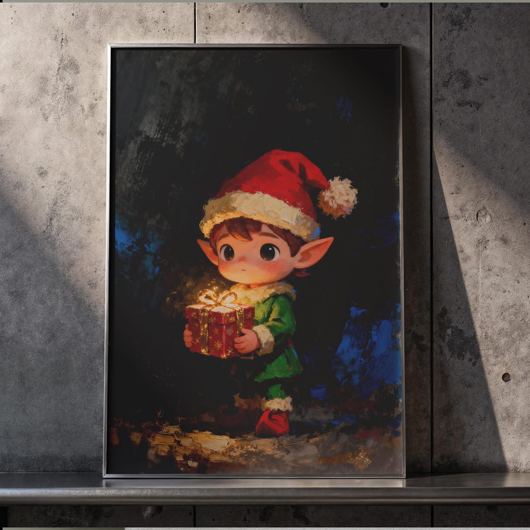 Modern Christmas Elf Wall Art Print With Red Gift | Magical Santa ...