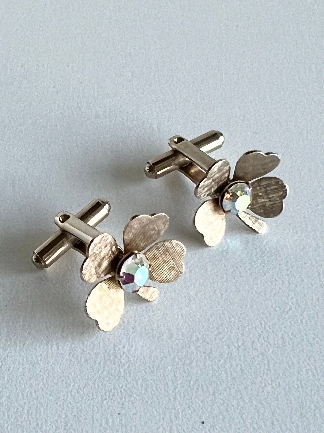 Four Leaf Clover Cufflinks, Gold Tone, Aurora Borealis Rhinestone, Good ...