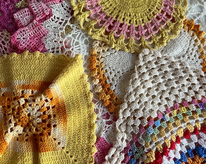 7 Vintage Doilies for Crafting, Pink, Yellow, Various Sizes, Handmade ...