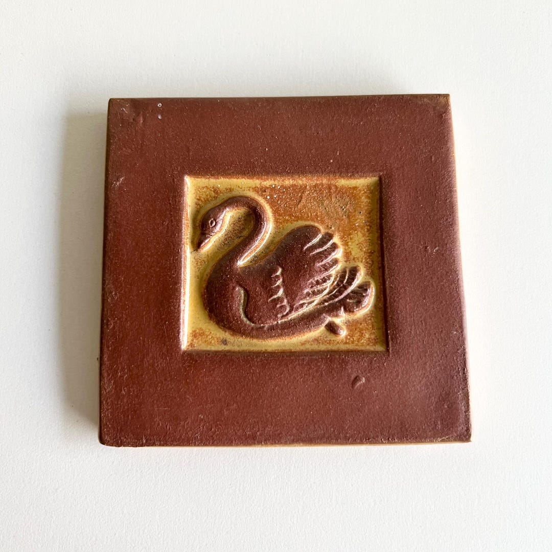 Vintage Moravian Tile, Swan Terracotta Pottery Wall or Decorative Focal ...