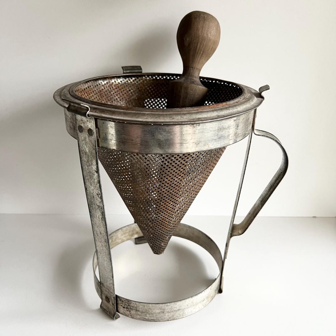 Metal Cone Sieve & Wood Pestle, Tripod Strainer, Old Kitchen Decor ...