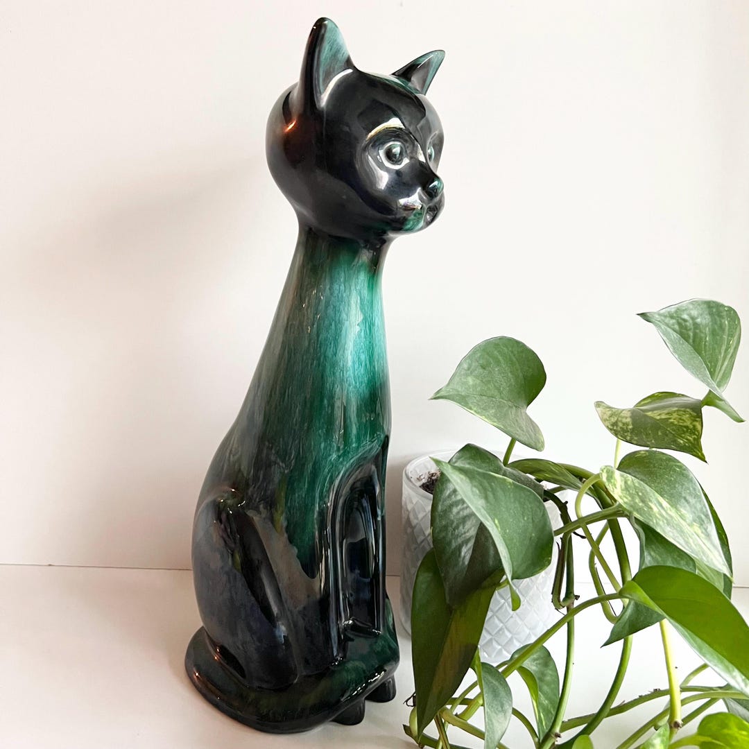 Blue Mountain Pottery, Tall Cat, BMP Black and Green Drip Glaze, Mid ...