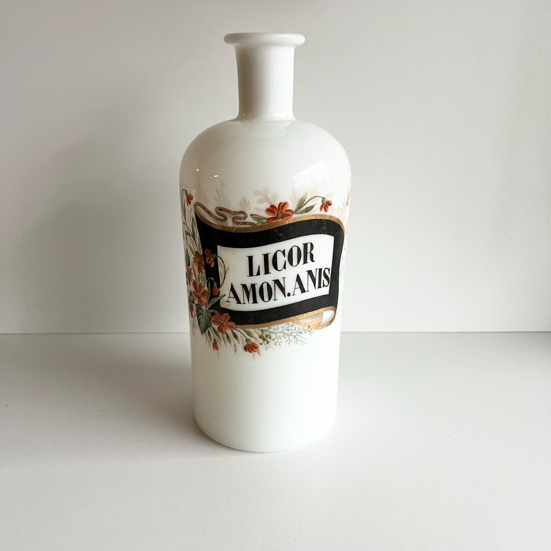 Antique Apothecary Bottle, French Milk Glass, Hand Painted Floral Label ...