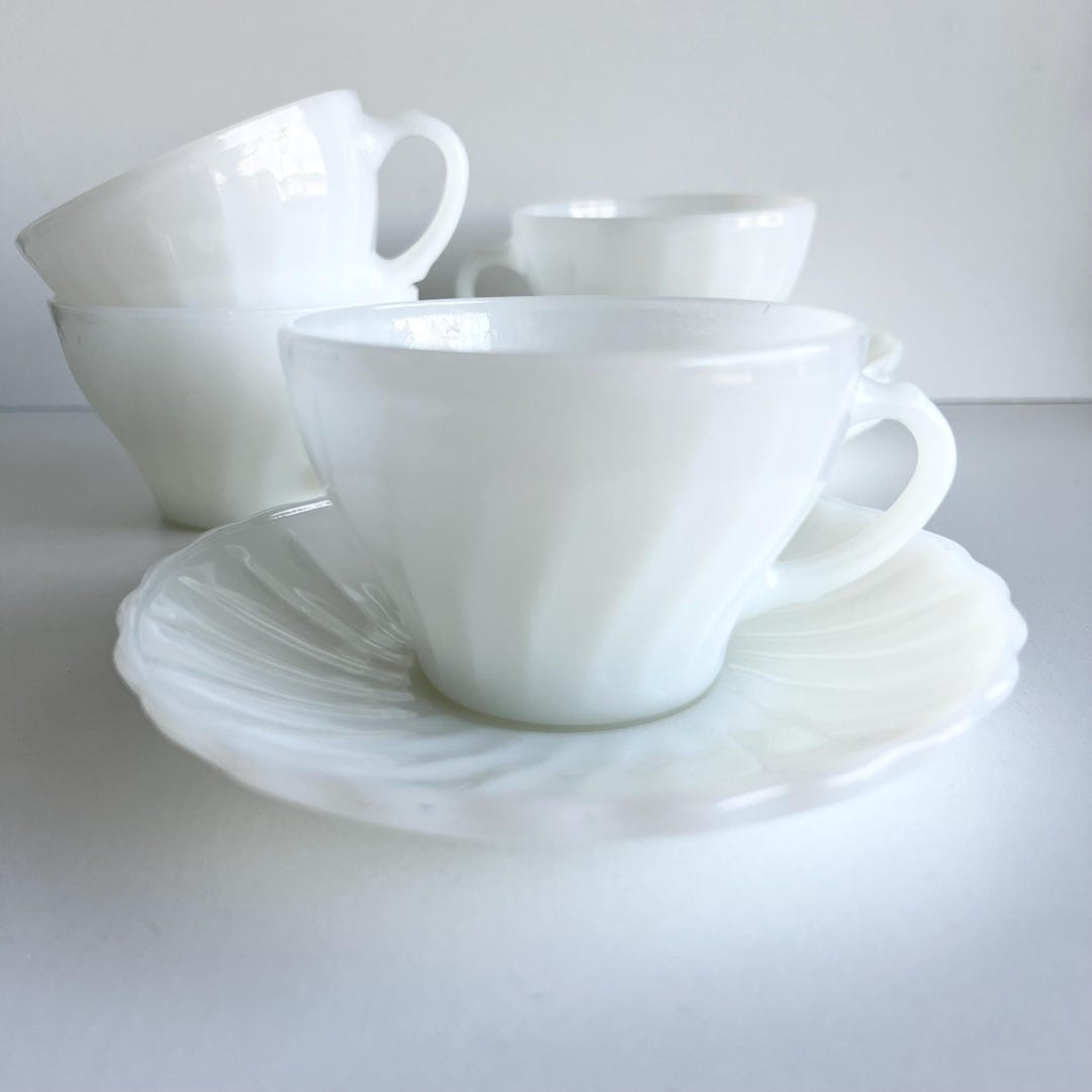 4 Fire King Cups and Saucers, Anchor Hocking White Swirl Milk Glass ...