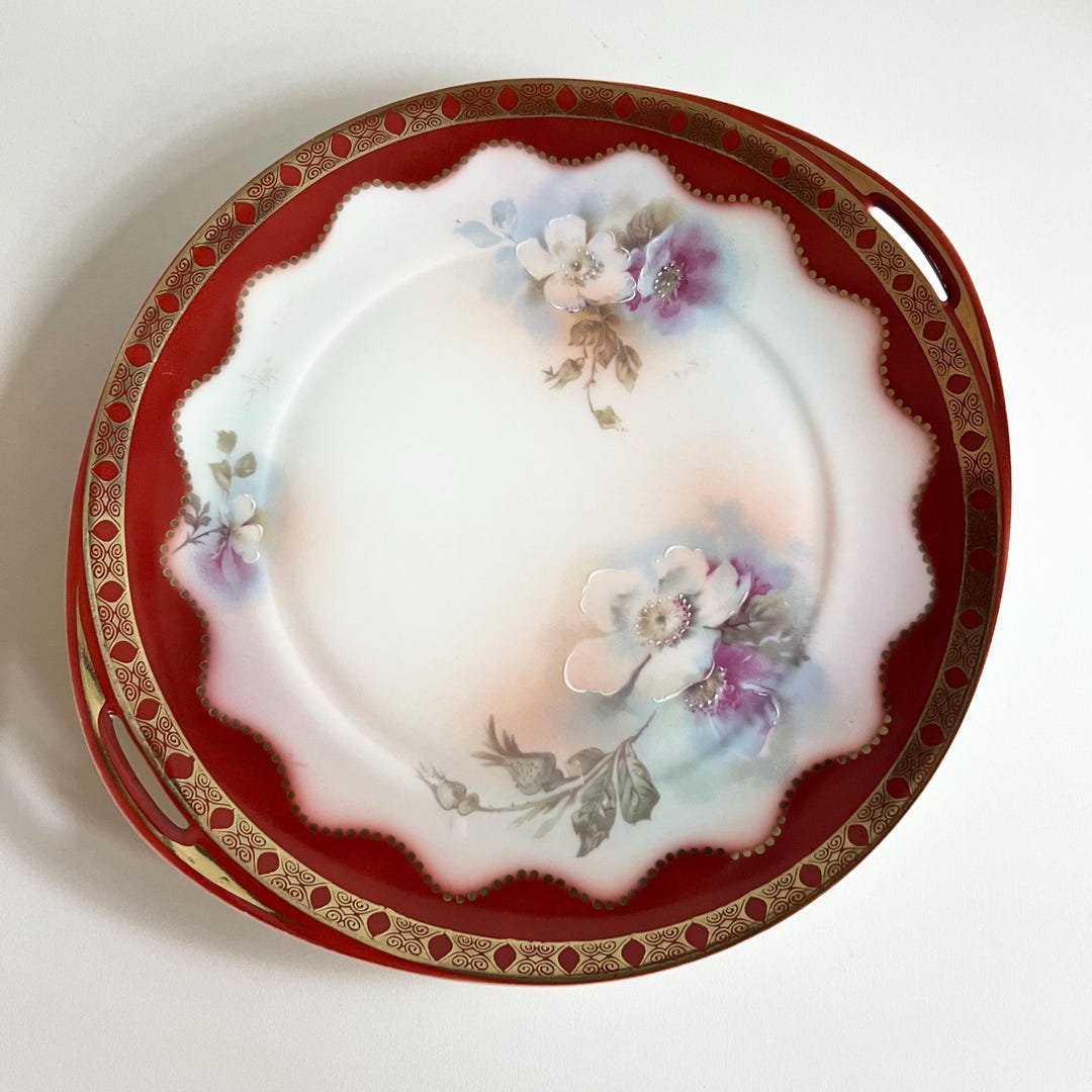 Antique Hermann OMHE Silesia Cake Plate, German Porcelain, Red and Gold ...