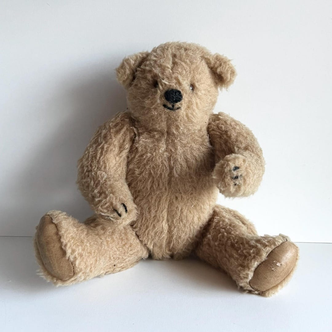 Vintage Jointed Teddy Bear, Leather Paws, Mid Century, Firmly Stuffed ...