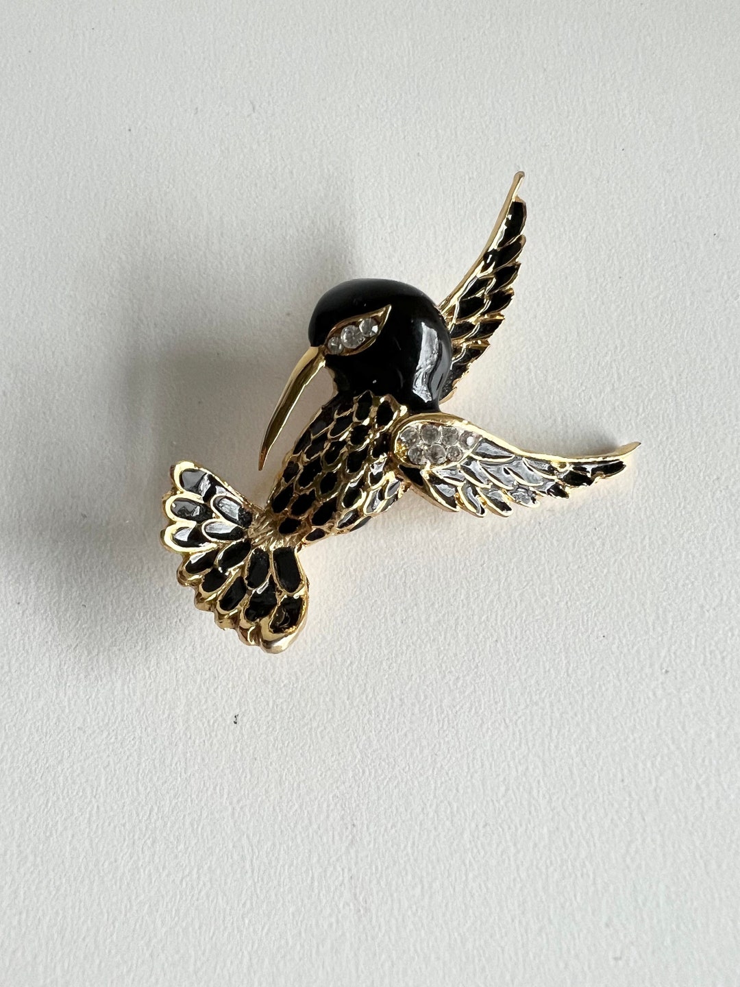 Hummingbird Brooch, Signed Butler, Black Enamel and Gold Tone, Clear ...