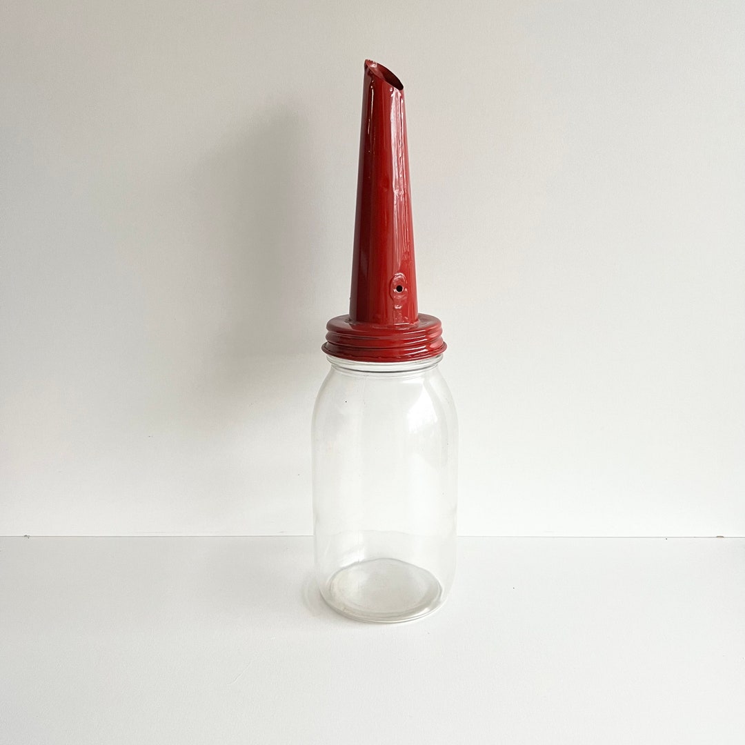 Vintage Car Motor Oil Jar, Red Funnel Lid, Dominion Glass, Gift for Man ...