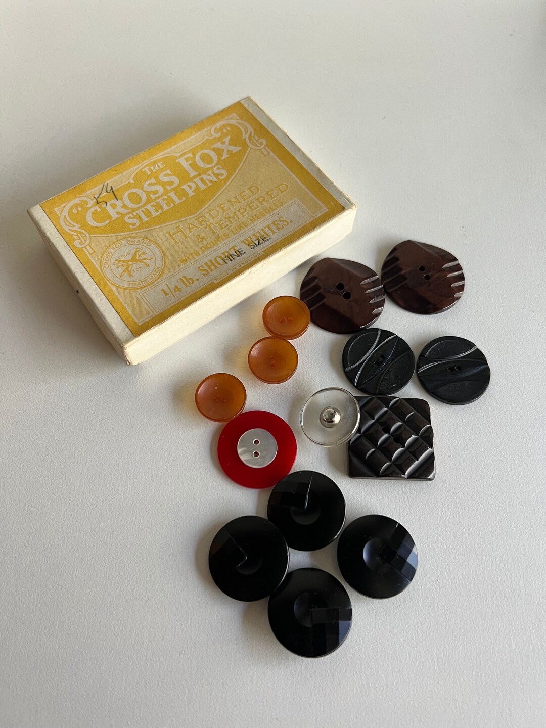 16 Vintage Buttons and Box of Cross Fox Steel Pins, 1/4 Pound Short ...