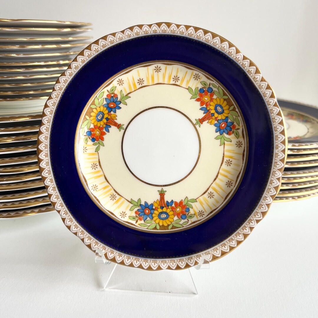 Vintage Aynsley Banff Plates, Cobalt Blue, Bright Florals, Gold Edge ...