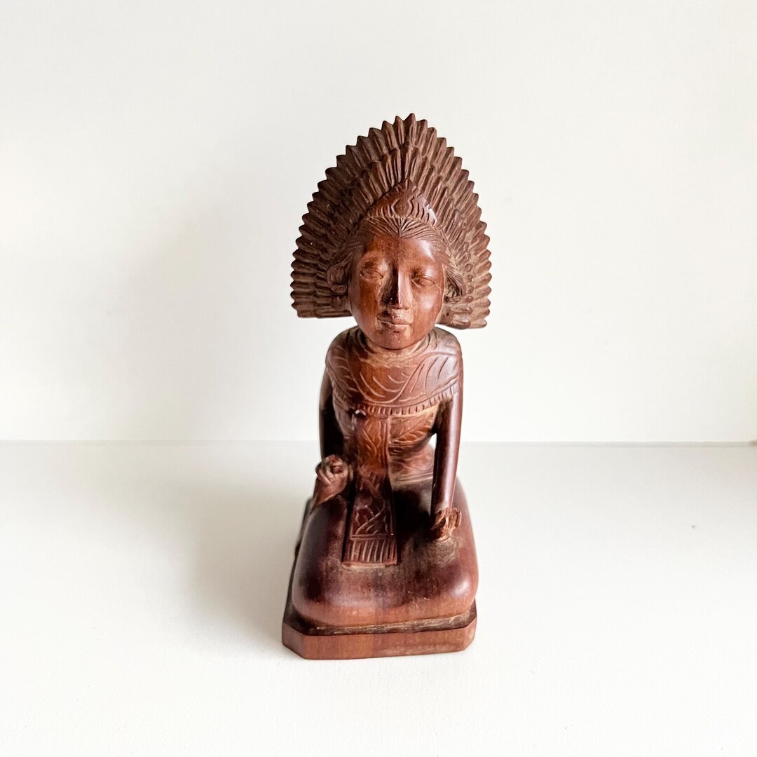 Balinese Goddess Deity Statue Wood Carving, Vintage Dark Wooden Figure ...