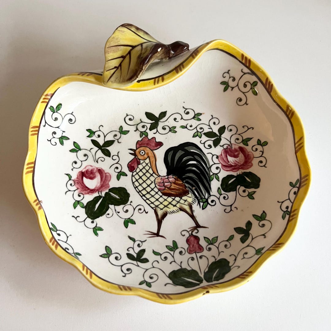 Farmhouse Rooster Dish, UCAGCO Early Provincial Nappy, Leaf Handle ...