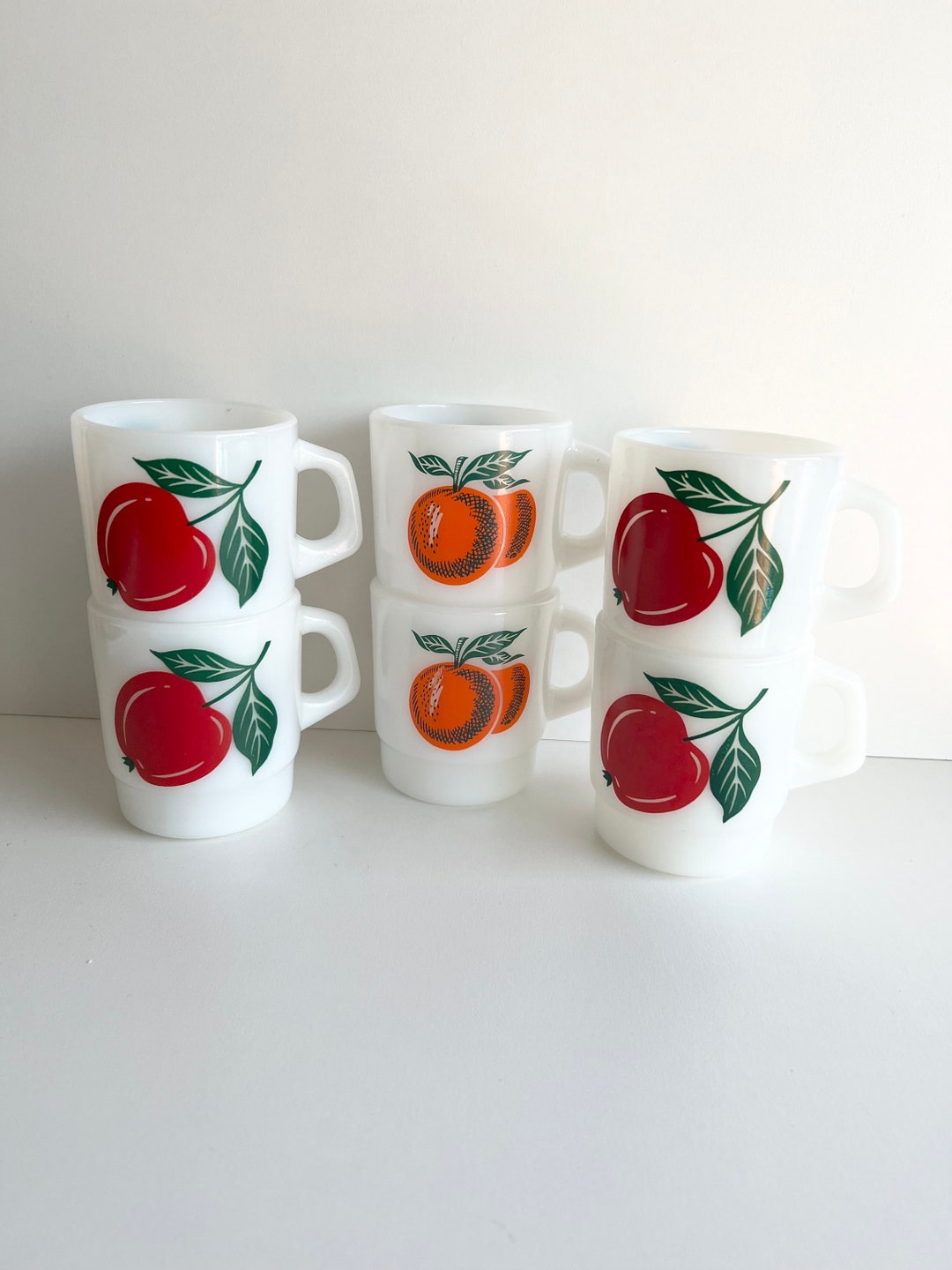 Milk Glass Mugs, Termocrisa Apples, Oranges, Stackable, Red and Orange ...