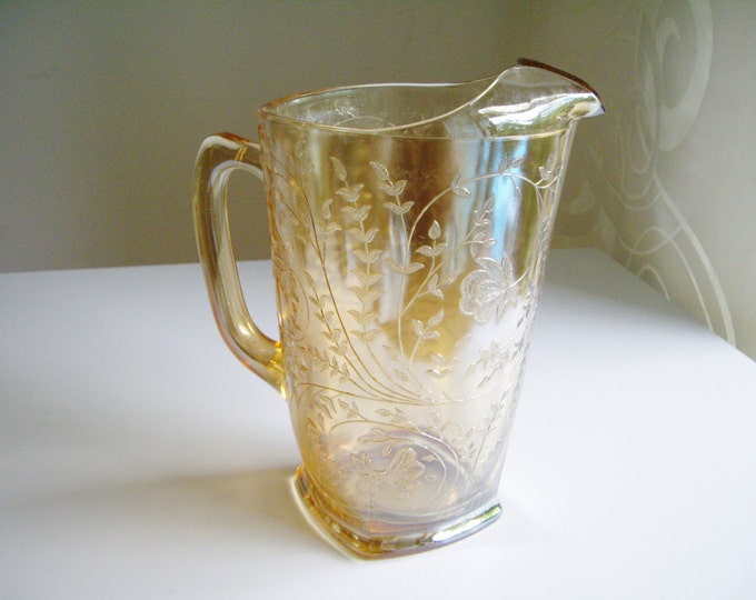 Vintage Glass Pitcher, Floragold Pattern, Iridescent, Jeanette ...