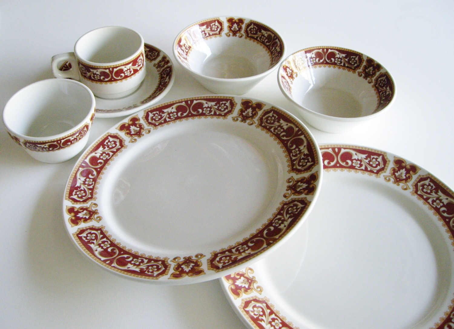 Dish Set, Burgundy and Gold, Hotel Ware Dishes, Duraline Grindley, Mid ...