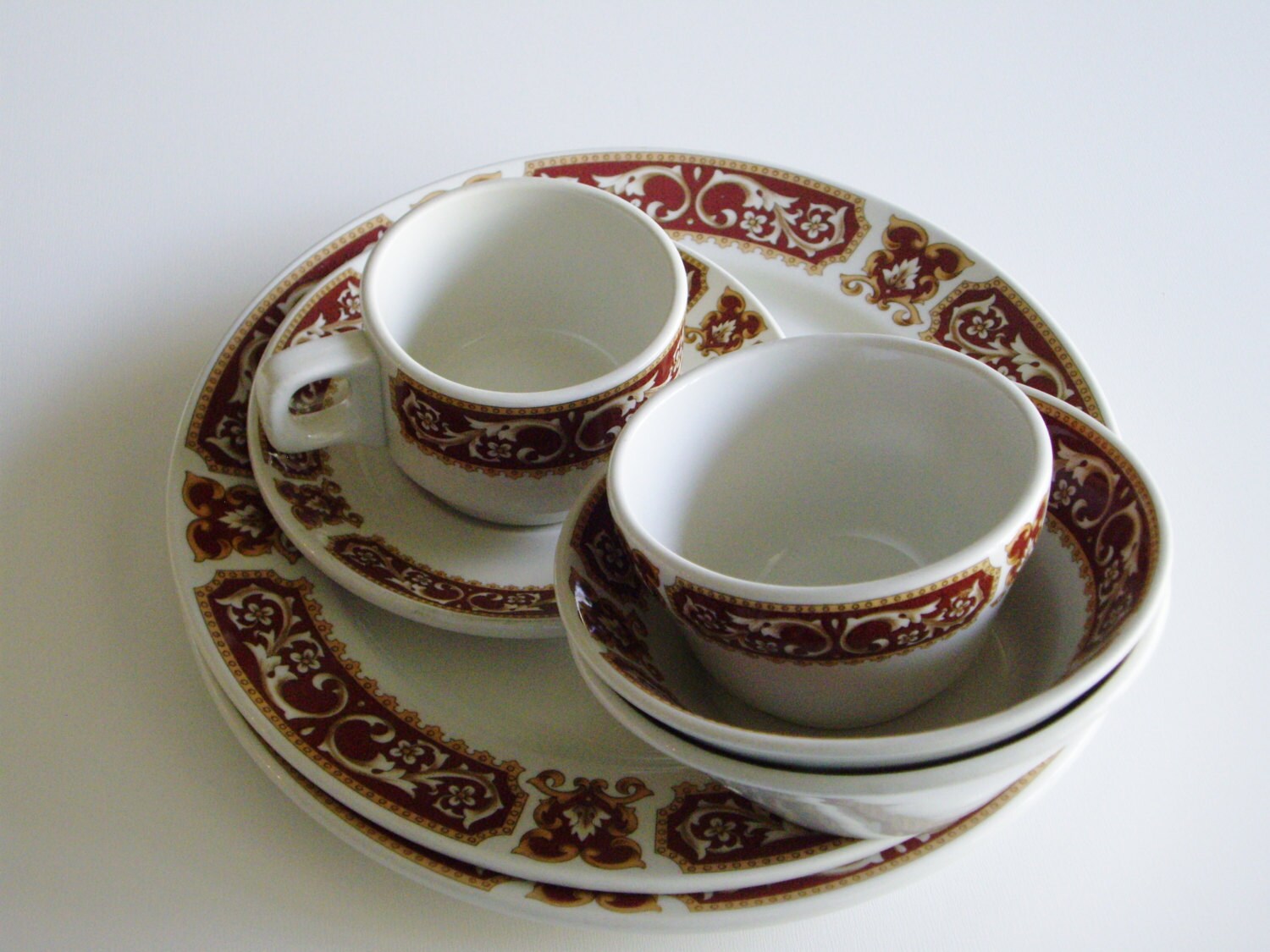 Dish Set, Burgundy and Gold, Hotel Ware Dishes, Duraline Grindley, Mid ...