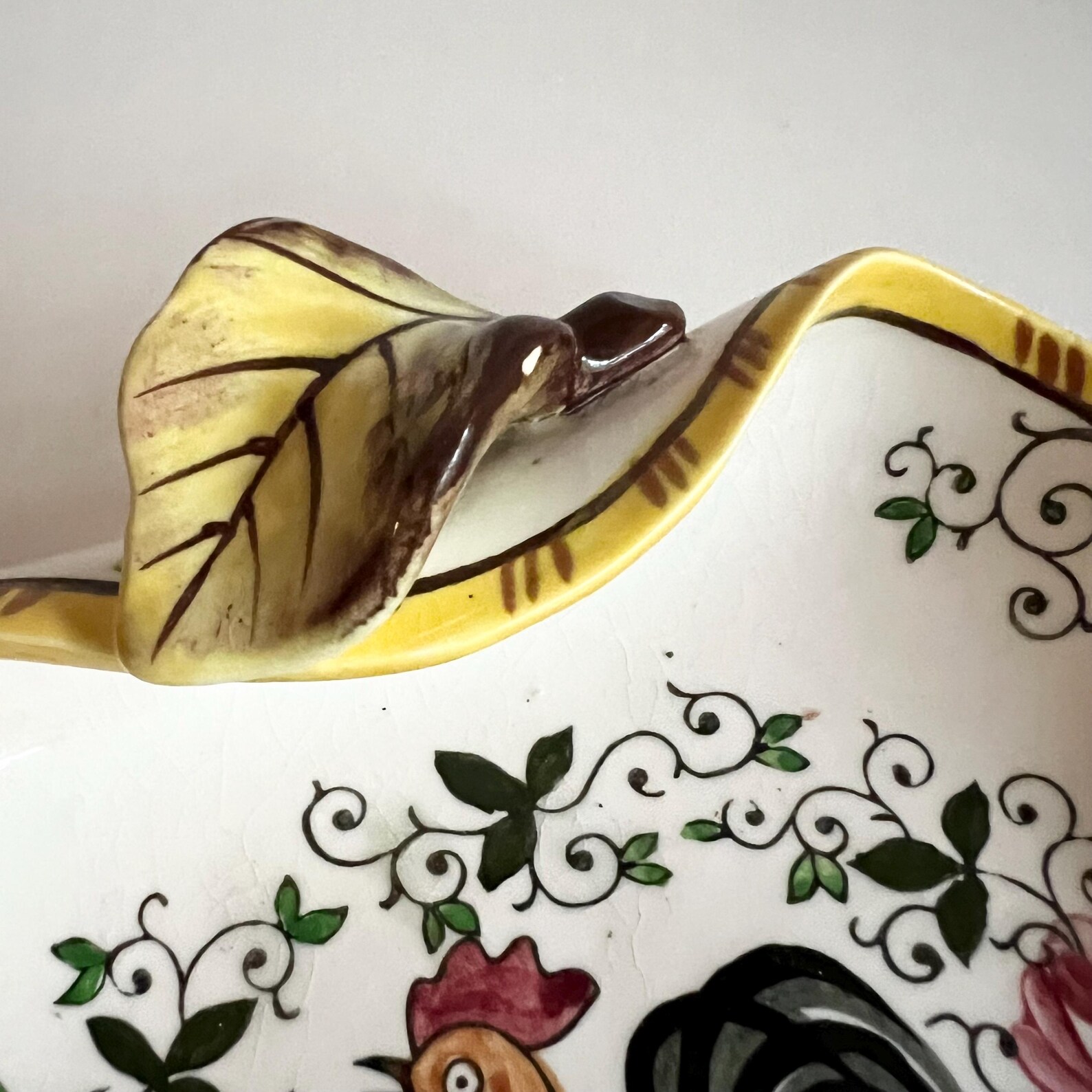 Farmhouse Rooster Dish, UCAGCO Early Provincial Nappy, Leaf Handle ...