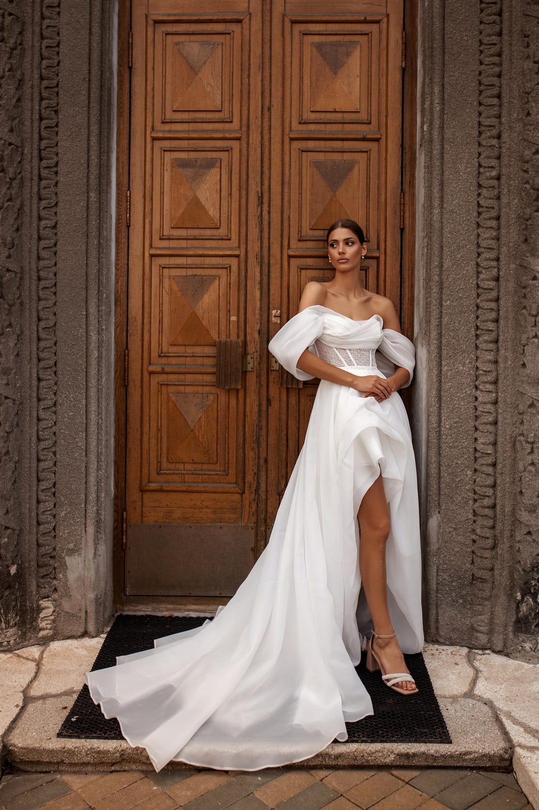 Betty • Off-shoulder Glitter Ball Gown With Waxed Organza & Embroidered ...