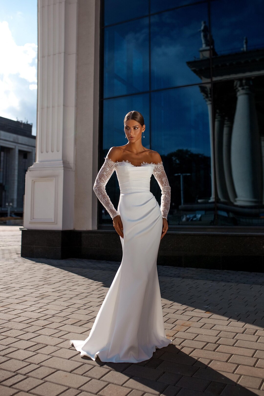 Agnessa • Off-shoulder Crepe Wedding Dress With Chantilly Lace Sleeves ...