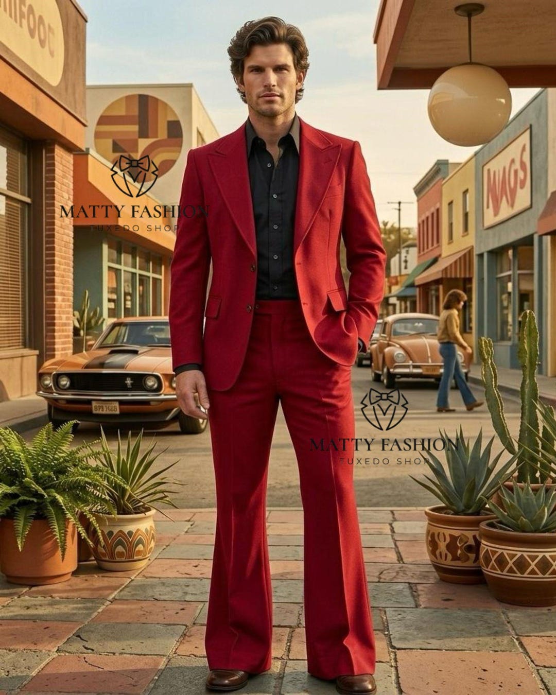 Men's Retro Red 70s Suit | Wide Leg Trouser, Peak Lapel Blaze - Etsy