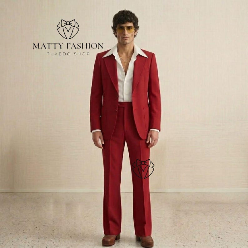 Men's Red 70s Style Suit – Disco Outfit, Wide Lapel Blazer, Flared ...