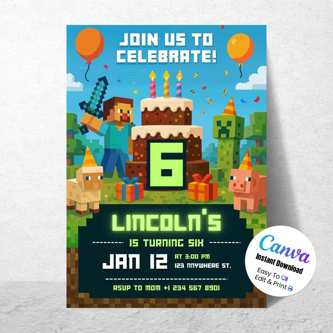 Pixel Block Video Game Birthday Invitation | Gamer Party Invite for ...
