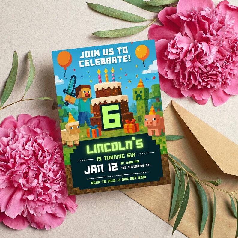 Pixel Block Video Game Birthday Invitation | Gamer Party Invite for ...