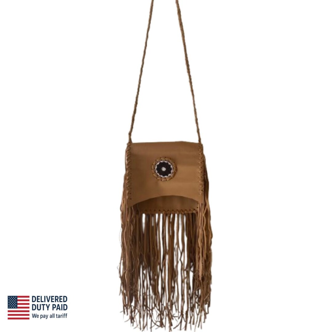 Handmade Tan Leather Fringe Crossbody Bag | Beaded Medallion, Boho ...