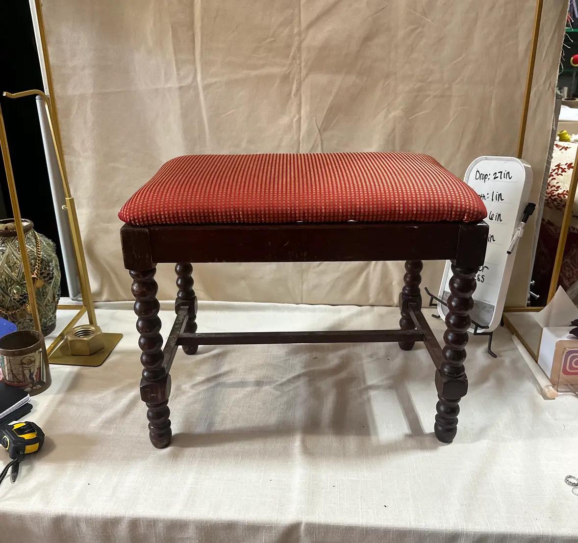 Wooden Mid-century Modern Spindle Legged Stool With Red and Gold ...