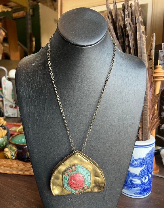Large Brass Pendant Necklace - Gem