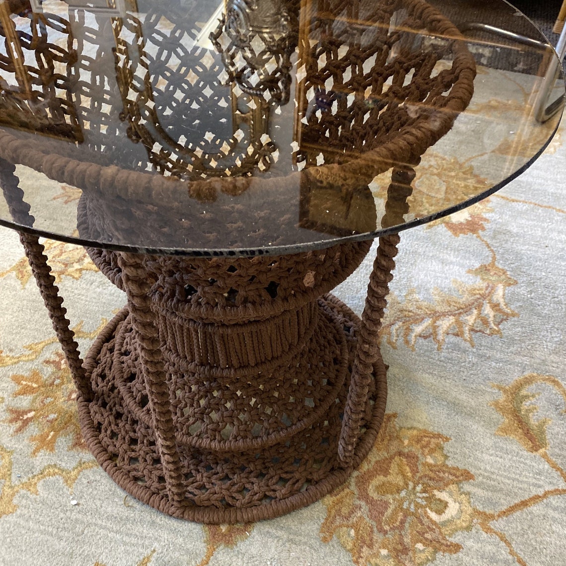 1960s Handwoven Macrame Side Table With Glass FREE SHIPPING - Etsy