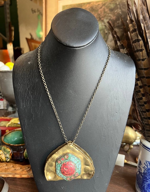 Large Brass Pendant Necklace - Gem