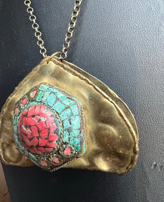 Large Brass Pendant Necklace - Gem