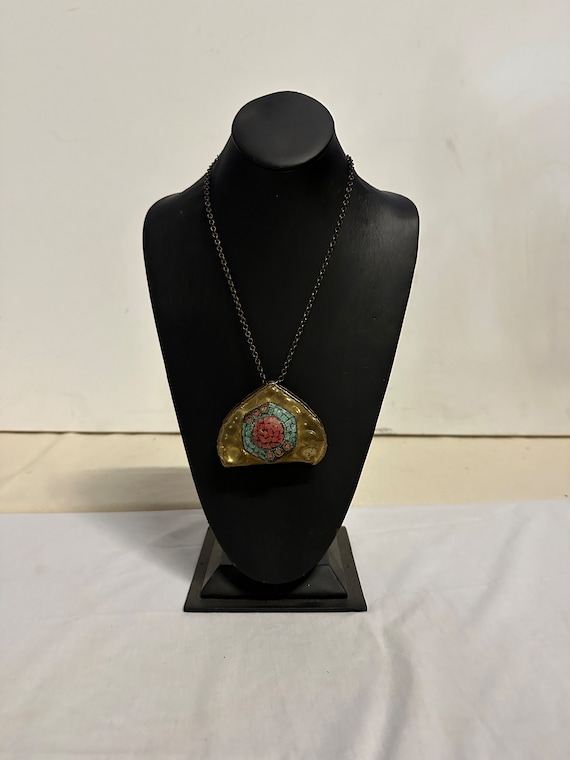 Large Brass Pendant Necklace - Gem