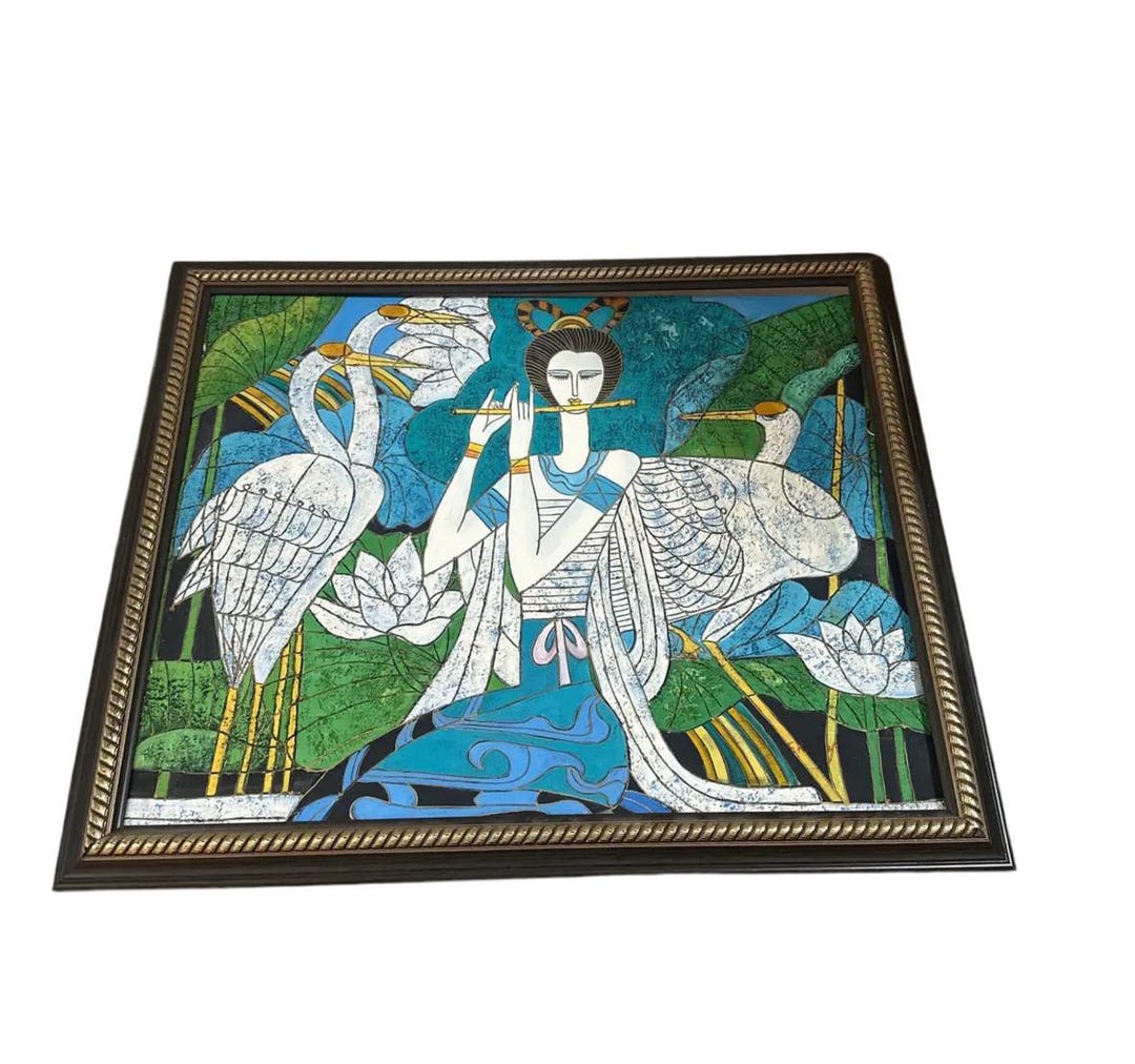 1980s Zhang Hongbin Blue and Green Asian Abstract Painting, Framed or ...