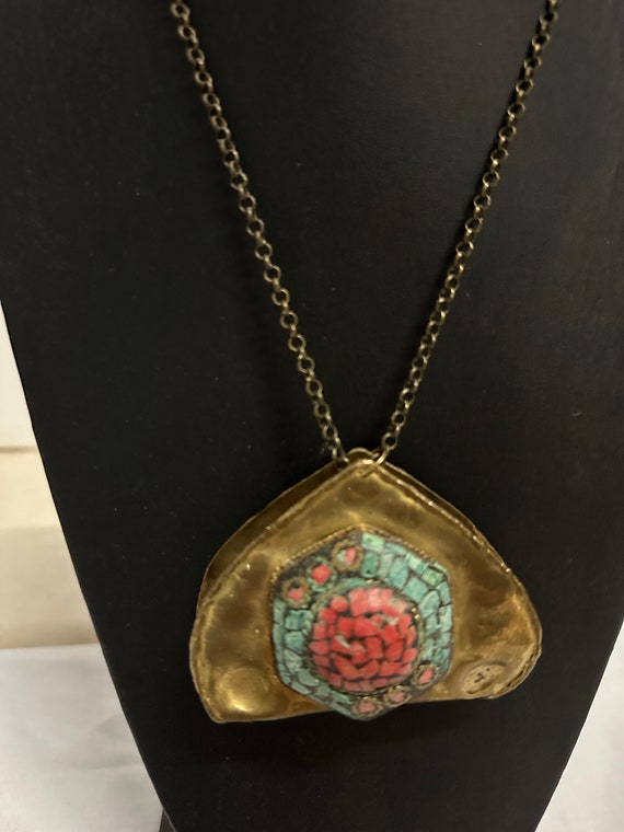 Large Brass Pendant Necklace - Gem
