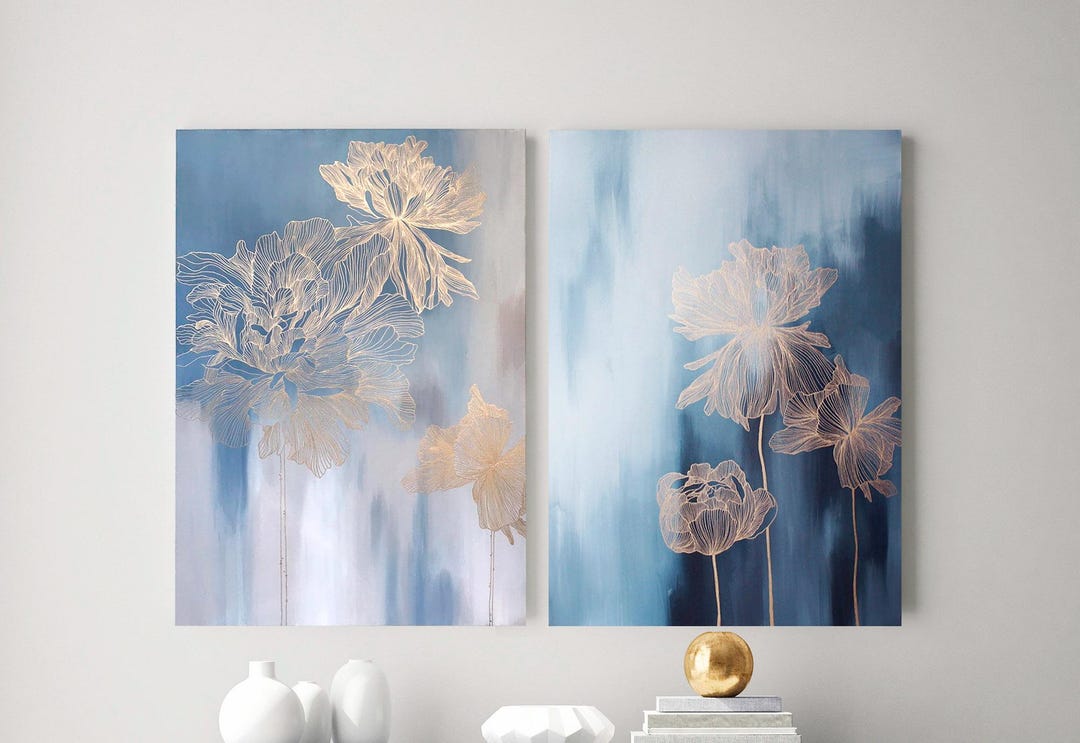 Light Blue Set of 2 Wall Art | Flowers Set | Gold Flowers Painting ...