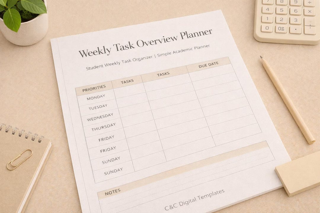 Weekly Task Overview Planner – Simple Productivity Sheet | Minimal ...